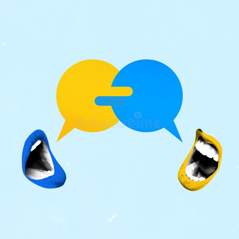 Contemporary Art Collage. Talking Lips, One Blue, Another Yellow ...