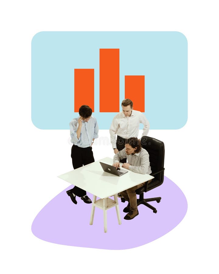 Contemporary Art Collage. Team Looking at Chart Behind Laptop Screen ...