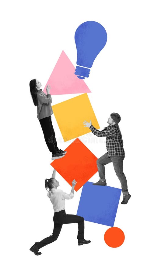 Contemporary Art Collage. Team Stacking Geometric Blocks Towards Light Bulb, Representing ...