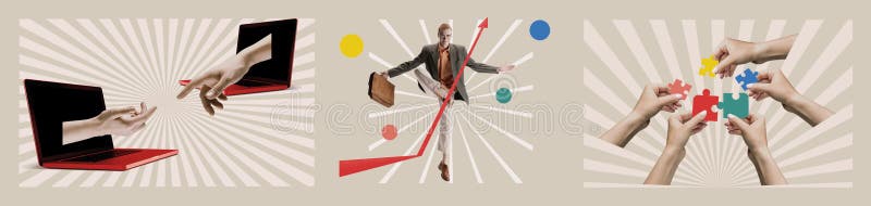 Contemporary Art Collage. Teamwork, Cooperation, Partnership. Working ...