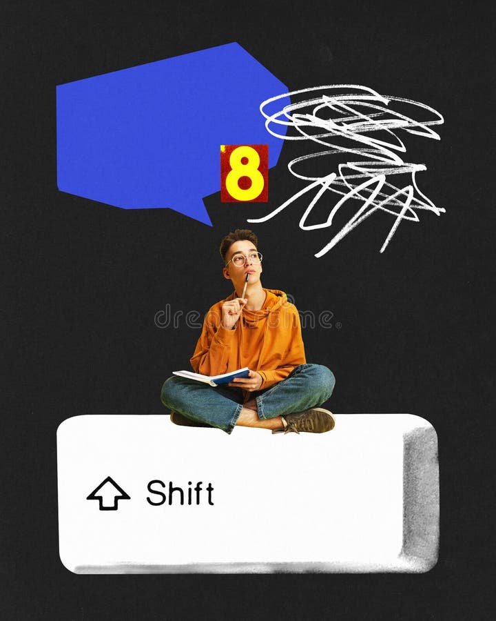 Contemporary Art Collage. Thoughtful Person with Speech Bubble and ...