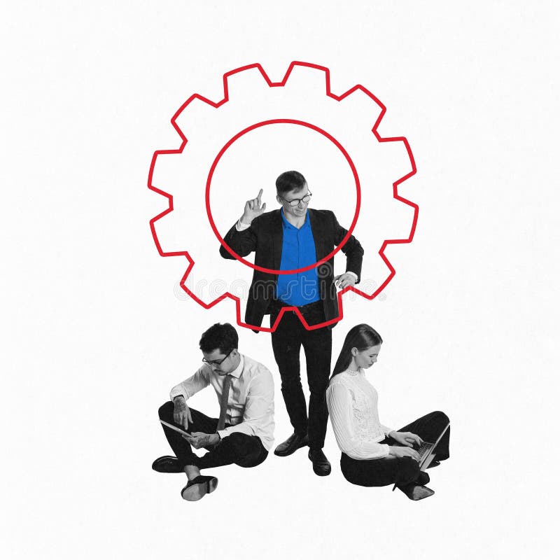 Contemporary Art Collage. Three Professionals Inside Gear, Highlighting ...