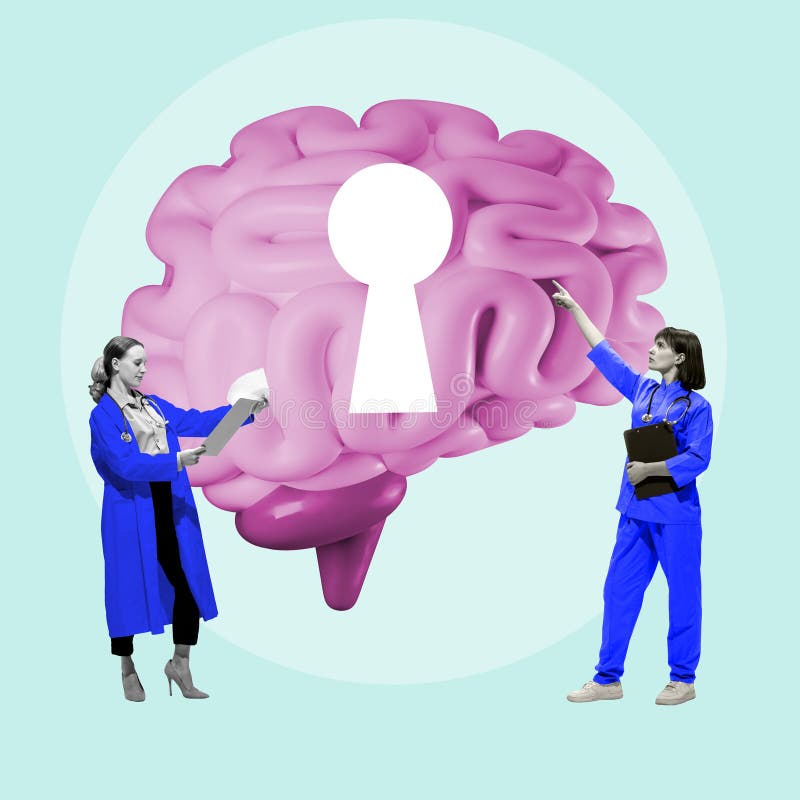 Contemporary Art Collage. Two Doctors Point at Giant Brain with Keyhole ...