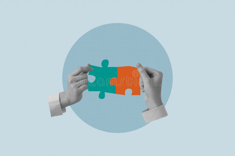 Contemporary Art Collage. Two Hands Connecting Puzzles Symbolizing ...