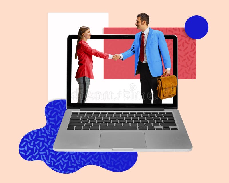 Contemporary Art Collage. Two Professionals Shake Hands, Emerging from ...