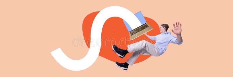Contemporary Art Collage. Young Man Falling while Laptop Pulls Him into ...