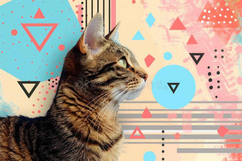 Contemporary Art Creative Pop Art Collage with an Animal Cat Surrounded ...