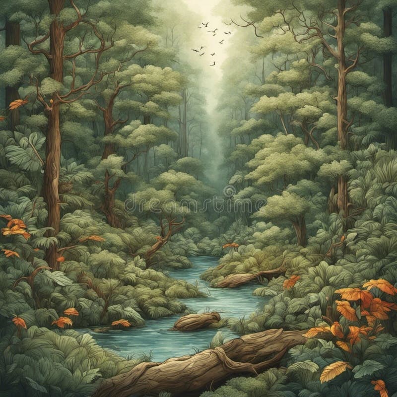 Stunning Forest with Stream Stock Illustration - Illustration of stream ...