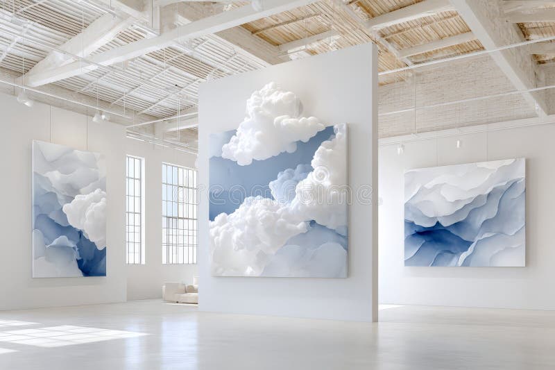 Contemporary Art Gallery with Cloud Motif Paintings in Spacious, Bright ...