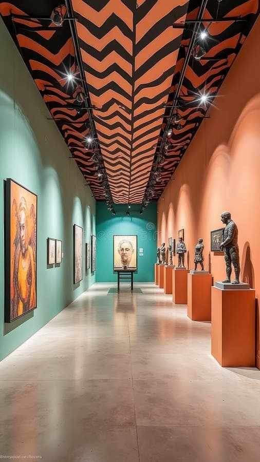 Contemporary Art Gallery Hall with Abstract Painting and Sculptures ...