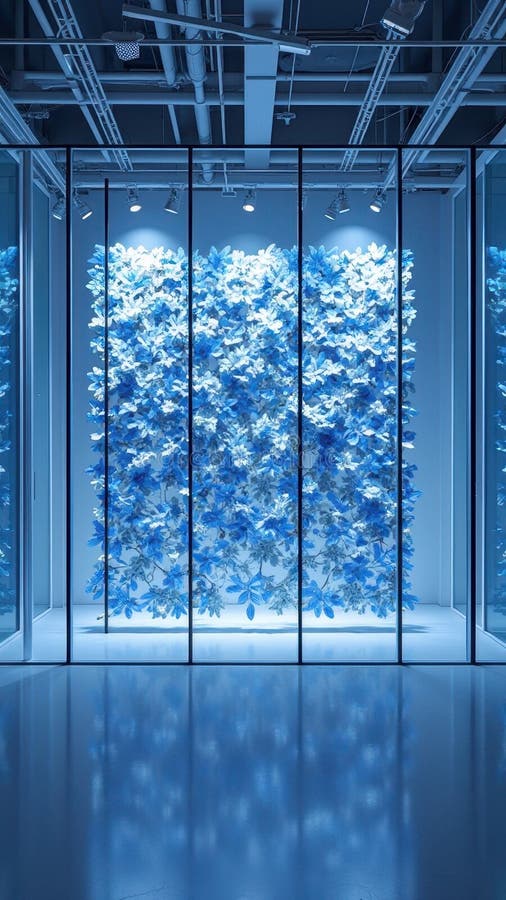 Contemporary Art Installation with Blue Floral Display in Modern Glass ...