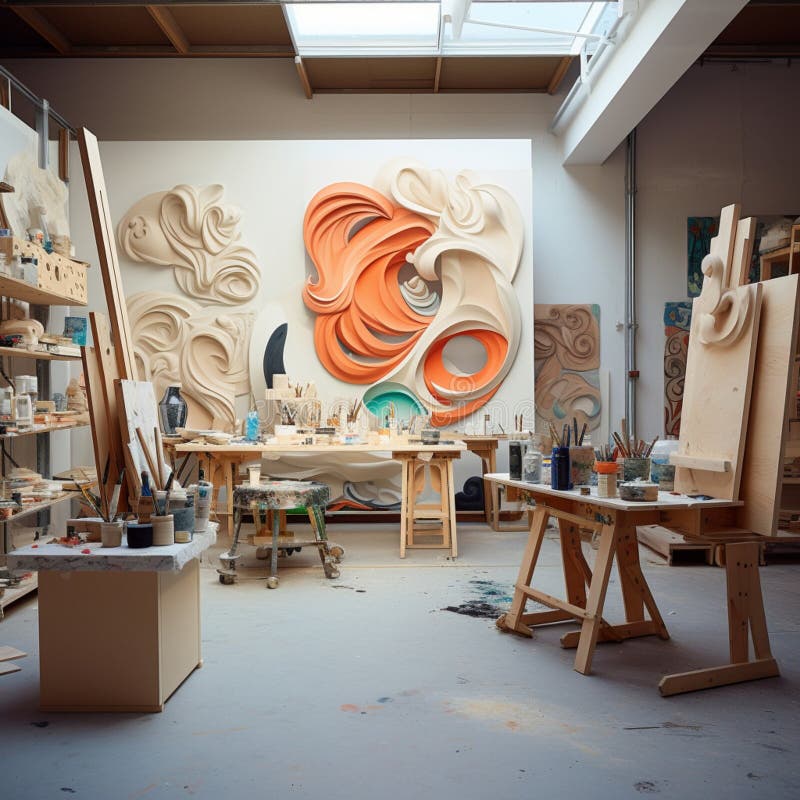 A Contemporary Art Studio with 3D Abstract Wall Sculptures Stock ...