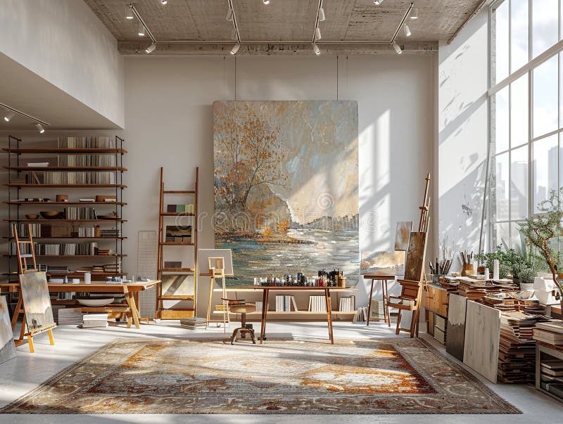 Contemporary Art Studio with Large Canvases and Natural Light Flooding ...