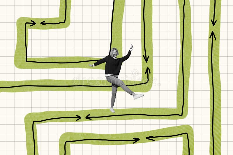 Contemporary Artwork Banner Collage of Happy Girl Dance Labyrinth Arrow ...