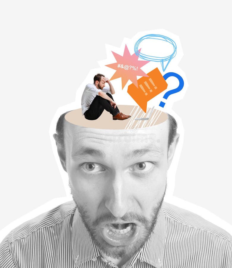 Contemporary Art Collage. Black and White Portrait of Irritated Man ...