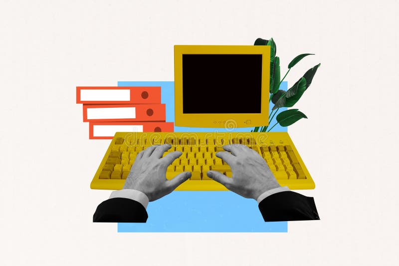 Contemporary Artwork Collage of Hands Type Wireless Keyboard Pc Monitor ...