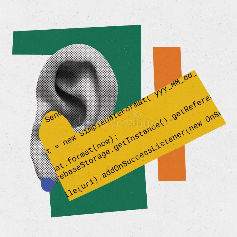 Contemporary Art Collage. Creative Design. Human Ear Listening To Data ...