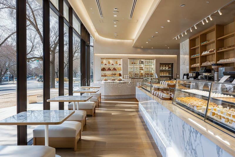 Contemporary Bakery Cafe with Spacious Interior, Marble Counters, and ...