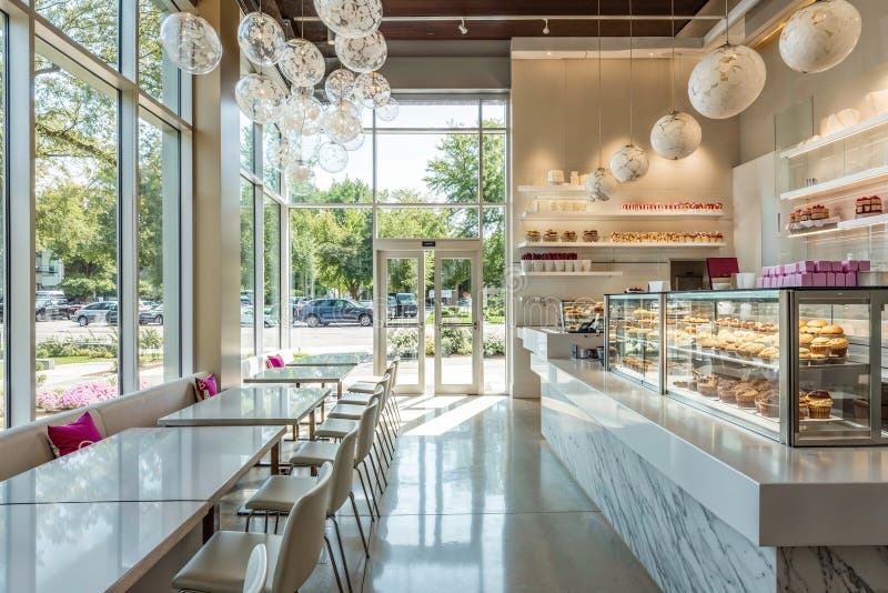 Contemporary Bakery Cafe with Spacious Interior, Marble Counters, and ...