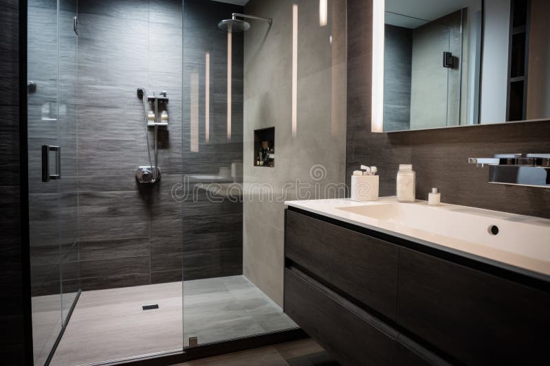 A Contemporary Bathroom Featuring a Spacious Walk-in Shower Next To a ...