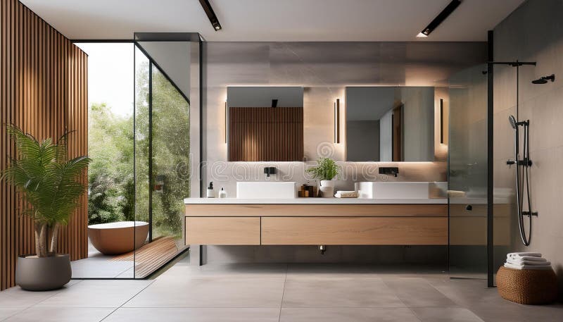 Contemporary Bathroom with Minimalist Shower and Wooden Vanity. 3D ...