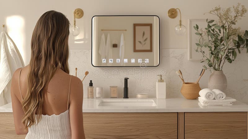 Modern Bathroom with High-tech AI-powered Mirror and Beauty Products ...