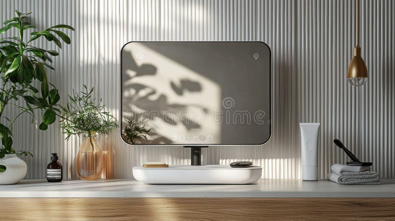 Modern Bathroom with High-tech AI-powered Mirror and Beauty Products ...