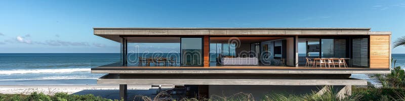 Contemporary Beach House with Pool on the Seashore Stock Image - Image ...