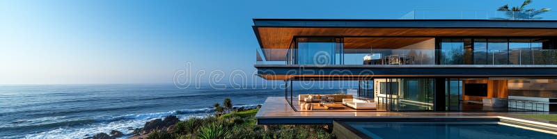 Contemporary Beach House with Pool on the Seashore Stock Image - Image ...