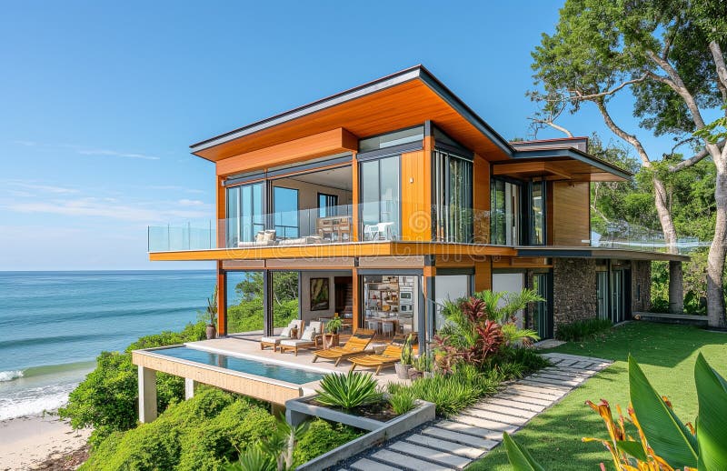 Contemporary Beach House with Pool on the Seashore Stock Image - Image ...