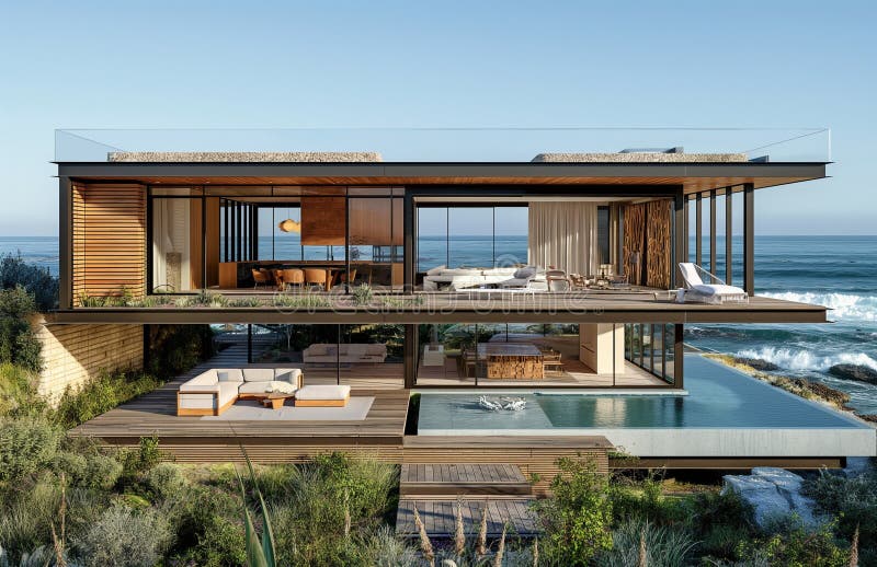 Contemporary Beach House with Pool on the Seashore Stock Photo - Image ...