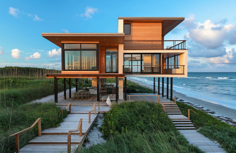Contemporary Beach House with Pool on the Seashore Stock Image - Image ...