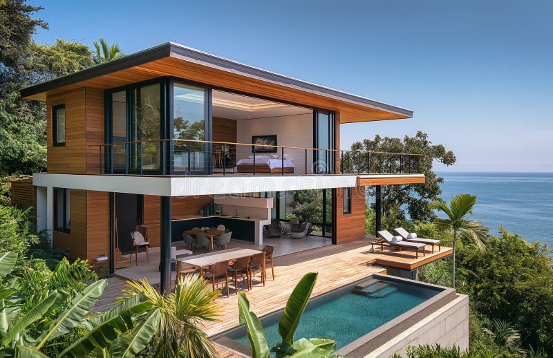 Contemporary Beach House with Pool on the Seashore Stock Photo - Image ...