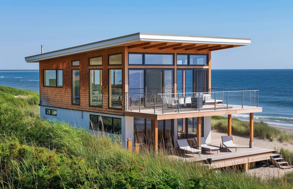 Contemporary Beach House with Pool on the Seashore Stock Photo - Image ...