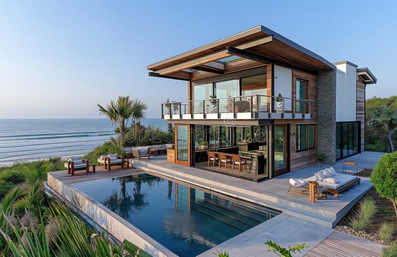 Contemporary Beach House with Pool on the Seashore Stock Image - Image ...