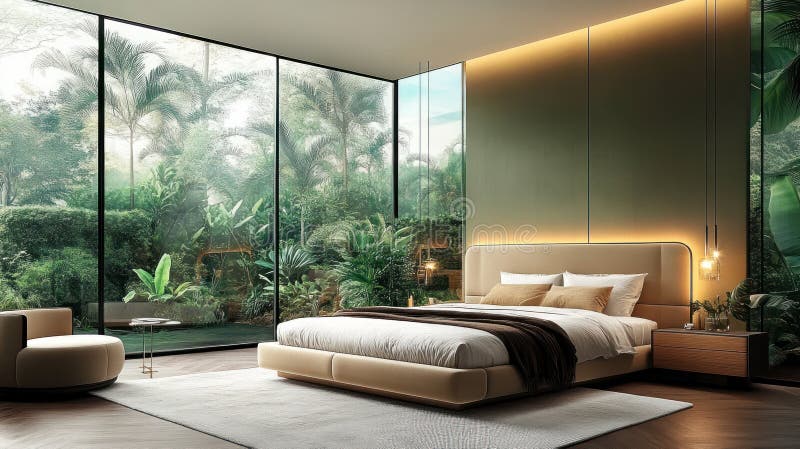 Contemporary Bedroom Oasis: Panoramic Windows in Tropical Forest ...