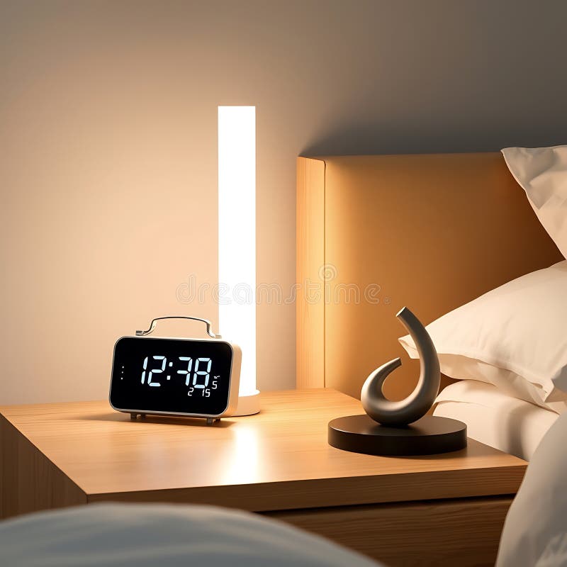 A Contemporary Bedside Table with an LED Lamp a Digital Alarm Clock and ...