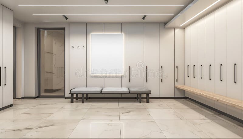 Contemporary Beige Locker Room Interior with Bench and Empty Poster ...