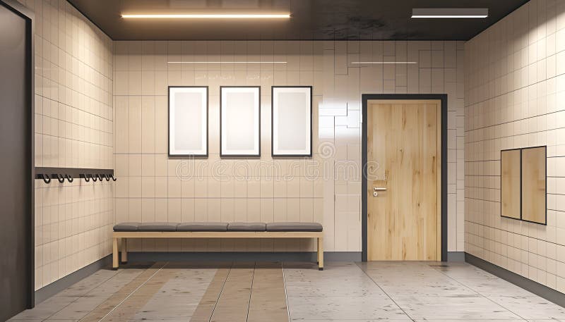 Contemporary Beige Locker Room Interior with Bench and Empty Poster ...