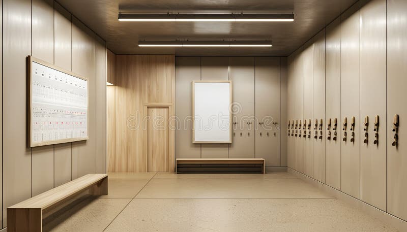 Contemporary Beige Locker Room Interior with Bench and Empty Poster ...