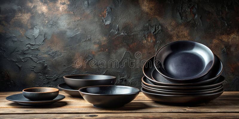 Contemporary Black Ceramic Plates and Bowls on a Rustic Backdrop ...