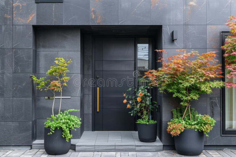 Contemporary Black Front Entry Door with Lush Greenery on Modern ...