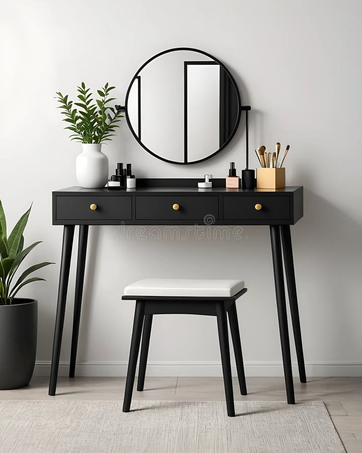 Contemporary Black Vanity Table with Mirror and Stool in a Minimalist ...