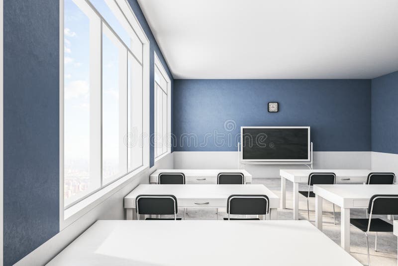 Blue Classroom with Empty Chalkboard Stock Illustration - Illustration ...