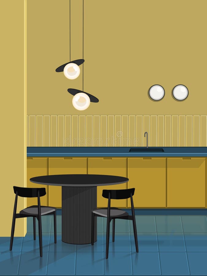 Contemporary Blue and Yellow Kitchen with Black Table and Chair ...