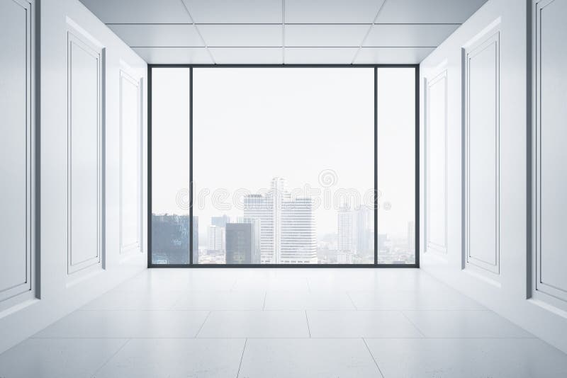 Contemporary Bright Corridor with Window, Bright City View and Concrete ...