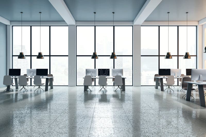 Contemporary Bright Designer Coworking Office Interior with Panoramic ...