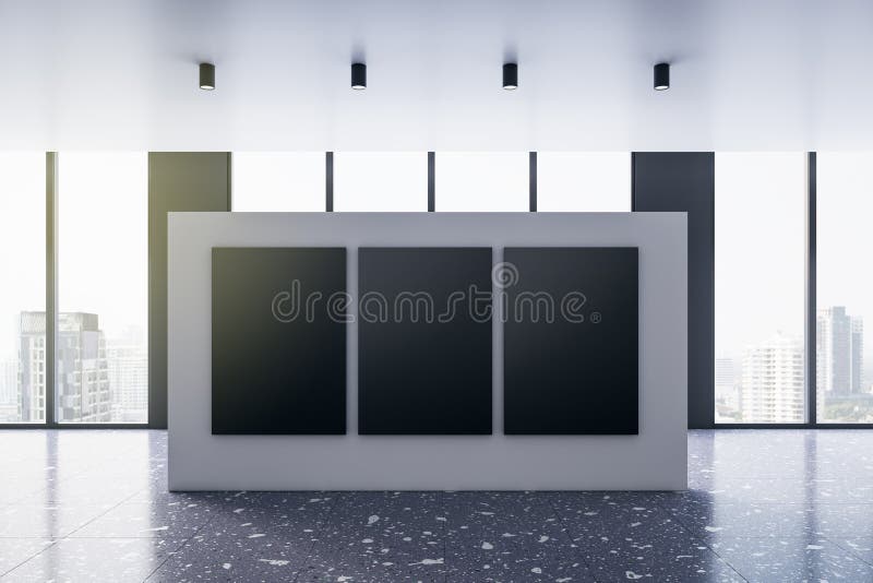 Contemporary Bright Gallery Interior with Mock Up Posters and Windows ...