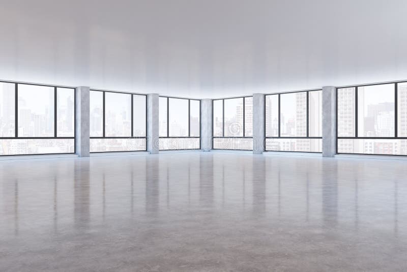 Contemporary Bright Room Interior with Panoramic Windows, Reflections ...