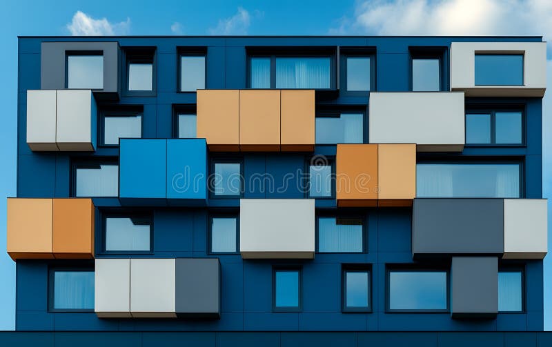 Contemporary Building Facade with Multicolored Cubic Elements in Blue ...
